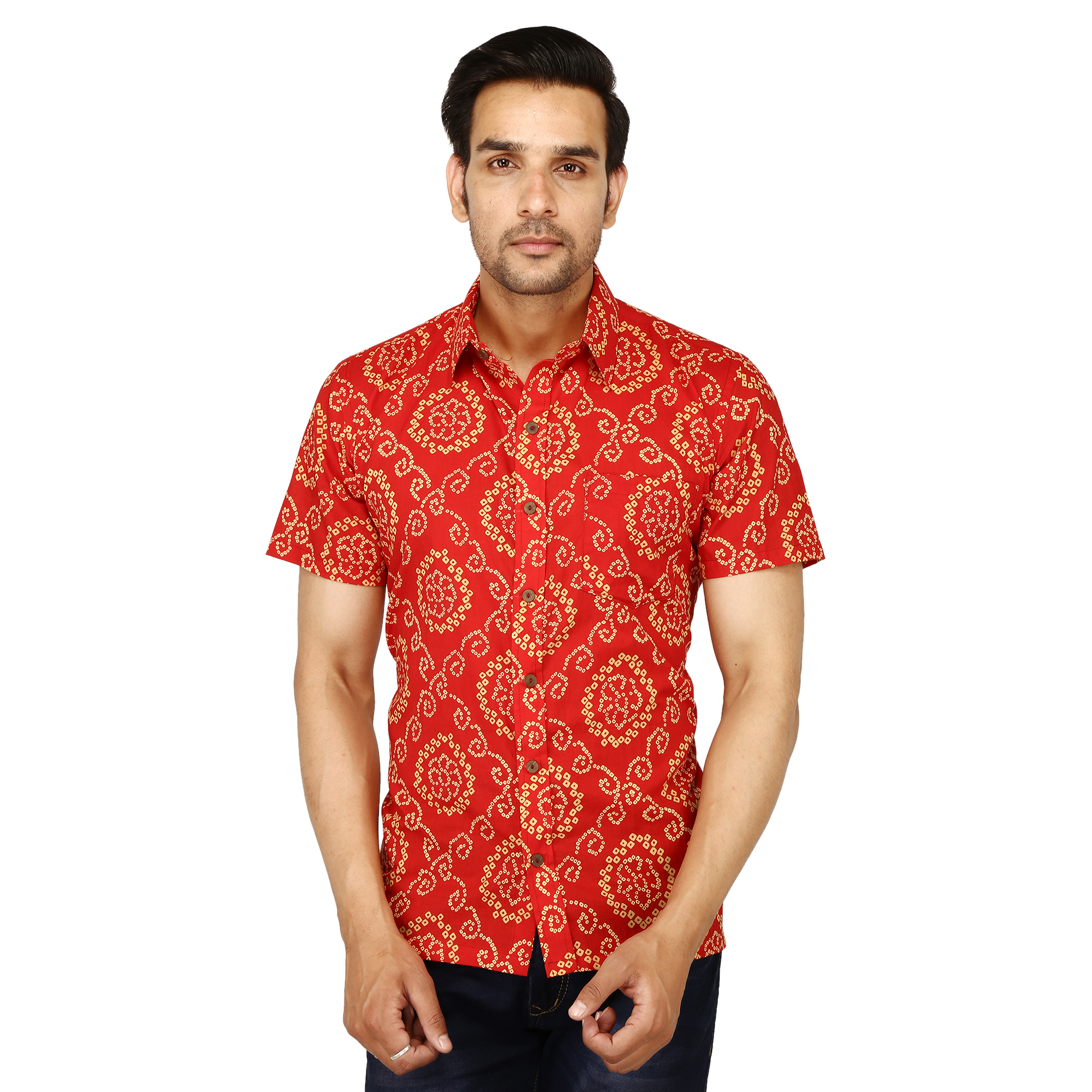 Men's Jaipuri Rajasthani Bandhej Print Red Casual Cotton Regular Fit ...